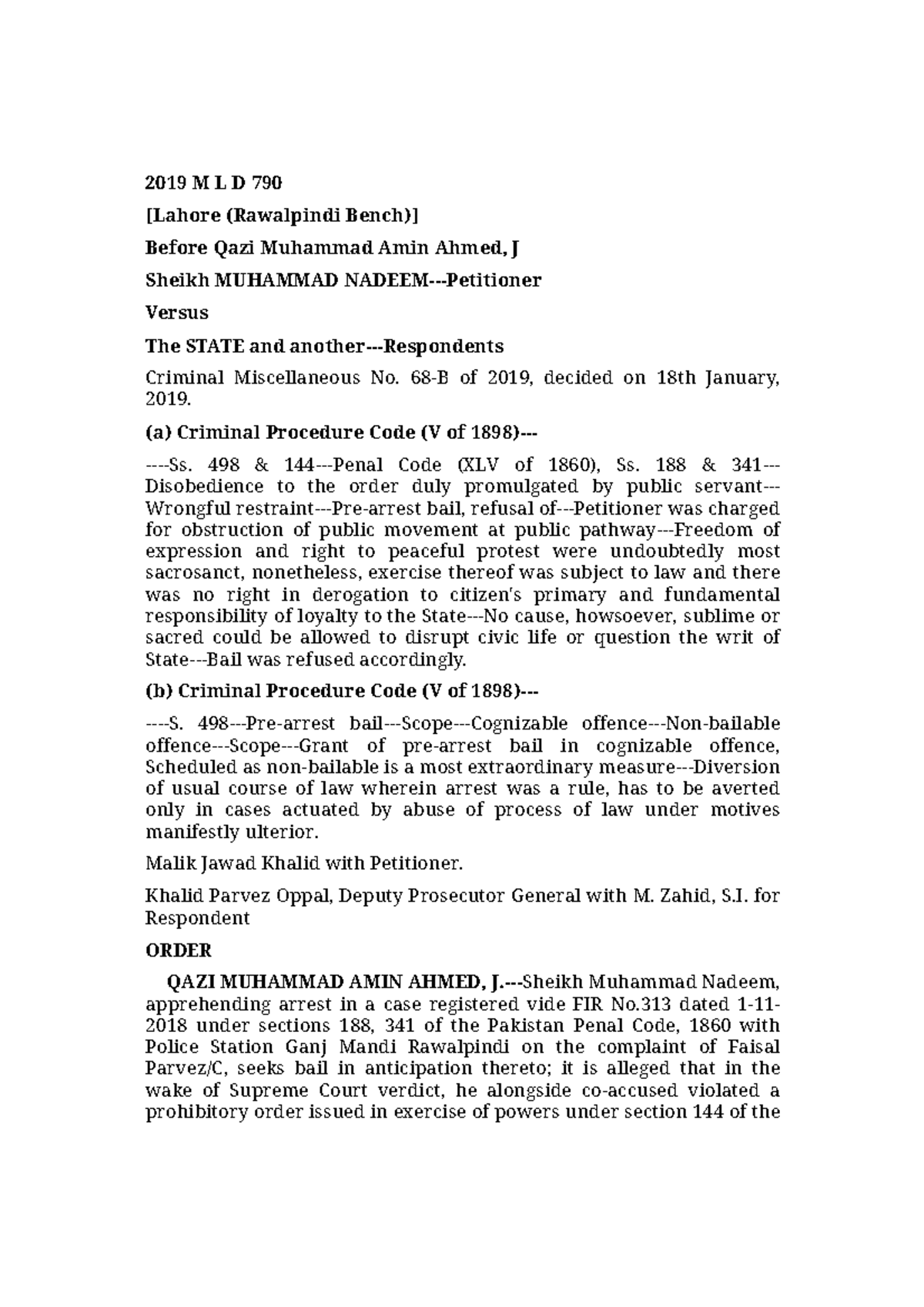 2019 M L D 790 - Case Law on Bail Refusal and Public Protest Rights ...