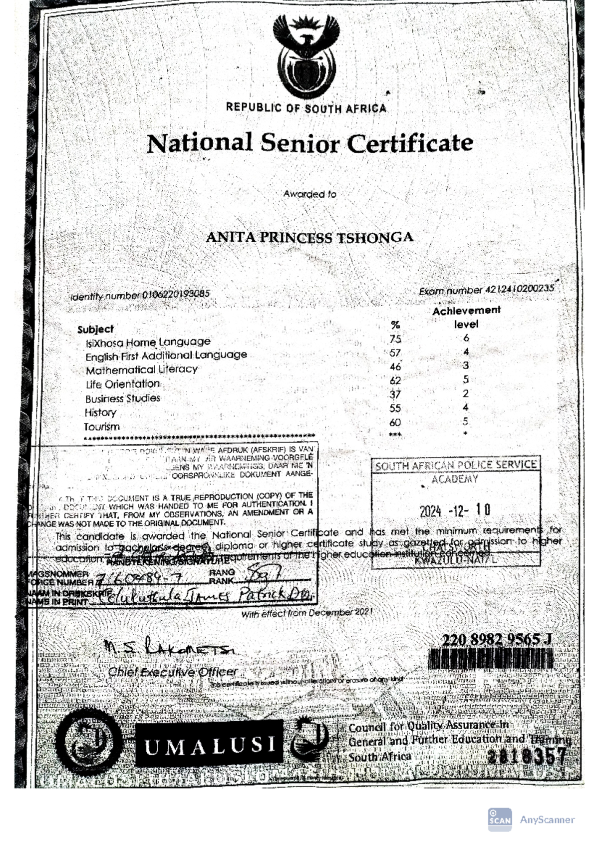 Matric Certificate - Knowledge Beyond Borders - South Africa - Studocu
