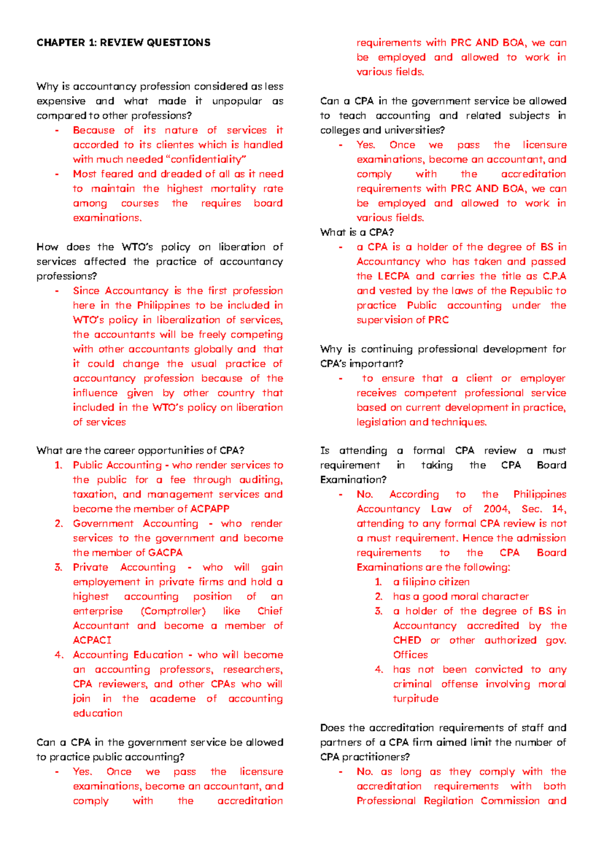 CHAPTER 1: REVIEW QUESTIONS for ACCOUNTANCY 101 - Studocu