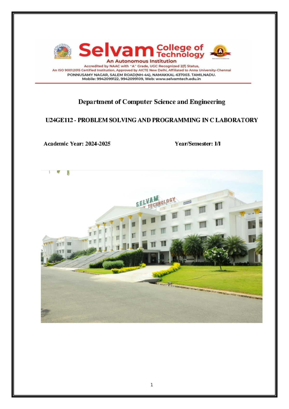 U24GE112 Problem Solving & Programming in C Lab Manual: 10 Experiments ...