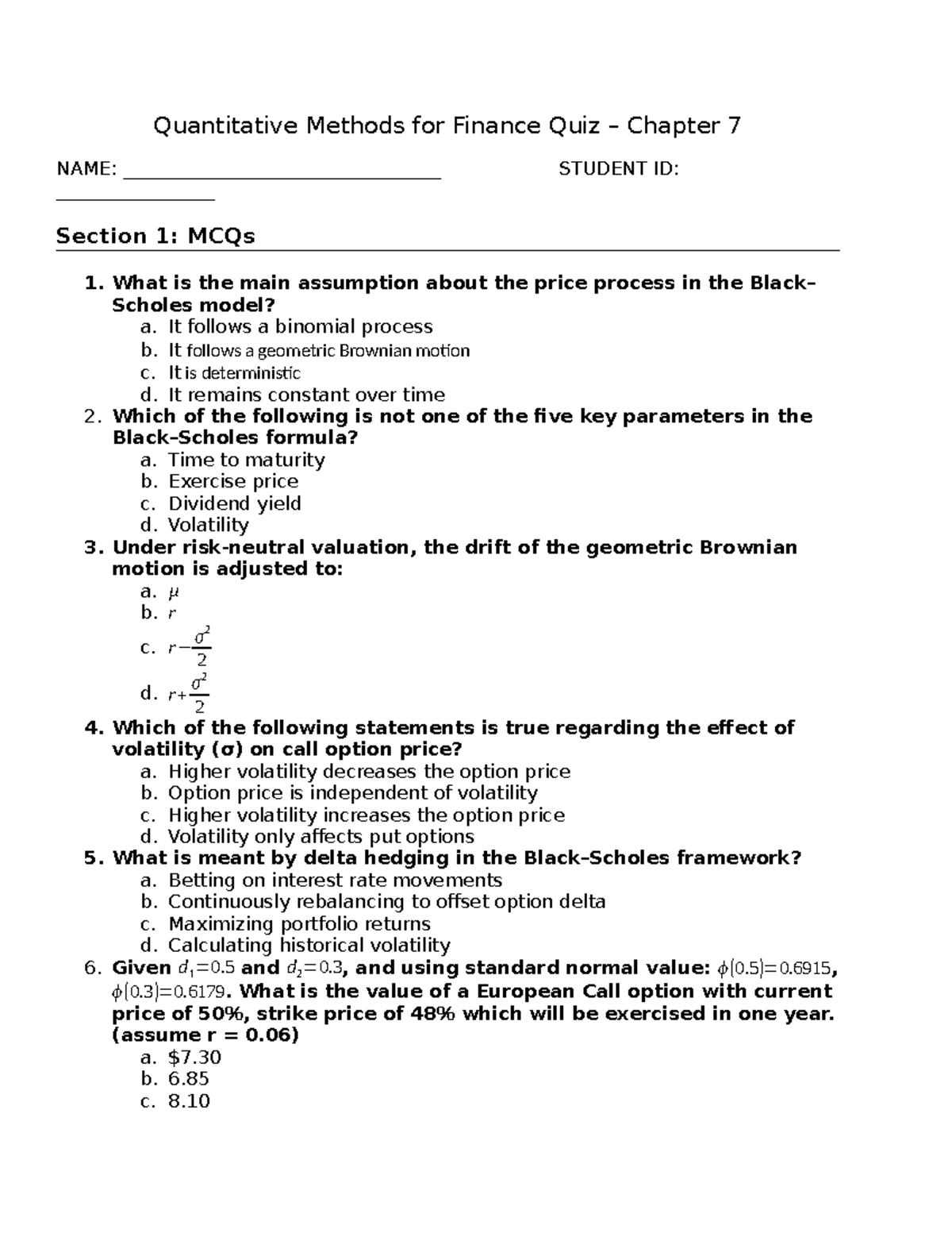 Quantitative Methods for Finance Quiz C7: MCQs & Concepts - Studocu