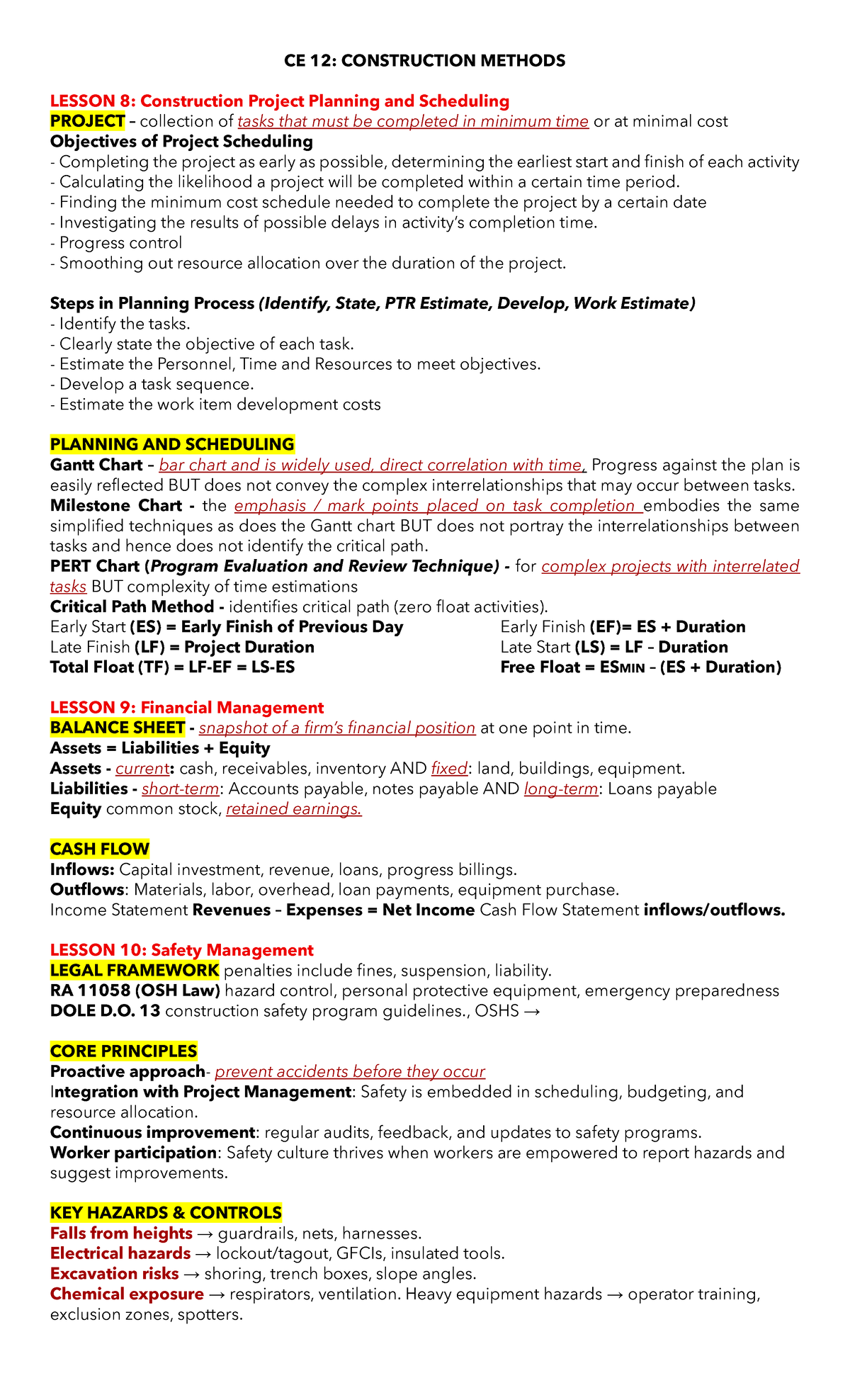 CE 12: Construction Methods Final Exam Reviewer on Project Planning ...
