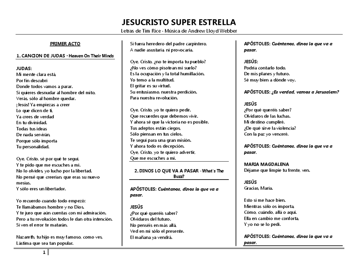 Libreto Jesucristo Superstar - JESUCRISTO SUPER ESTRELLA Letras de Tim ...