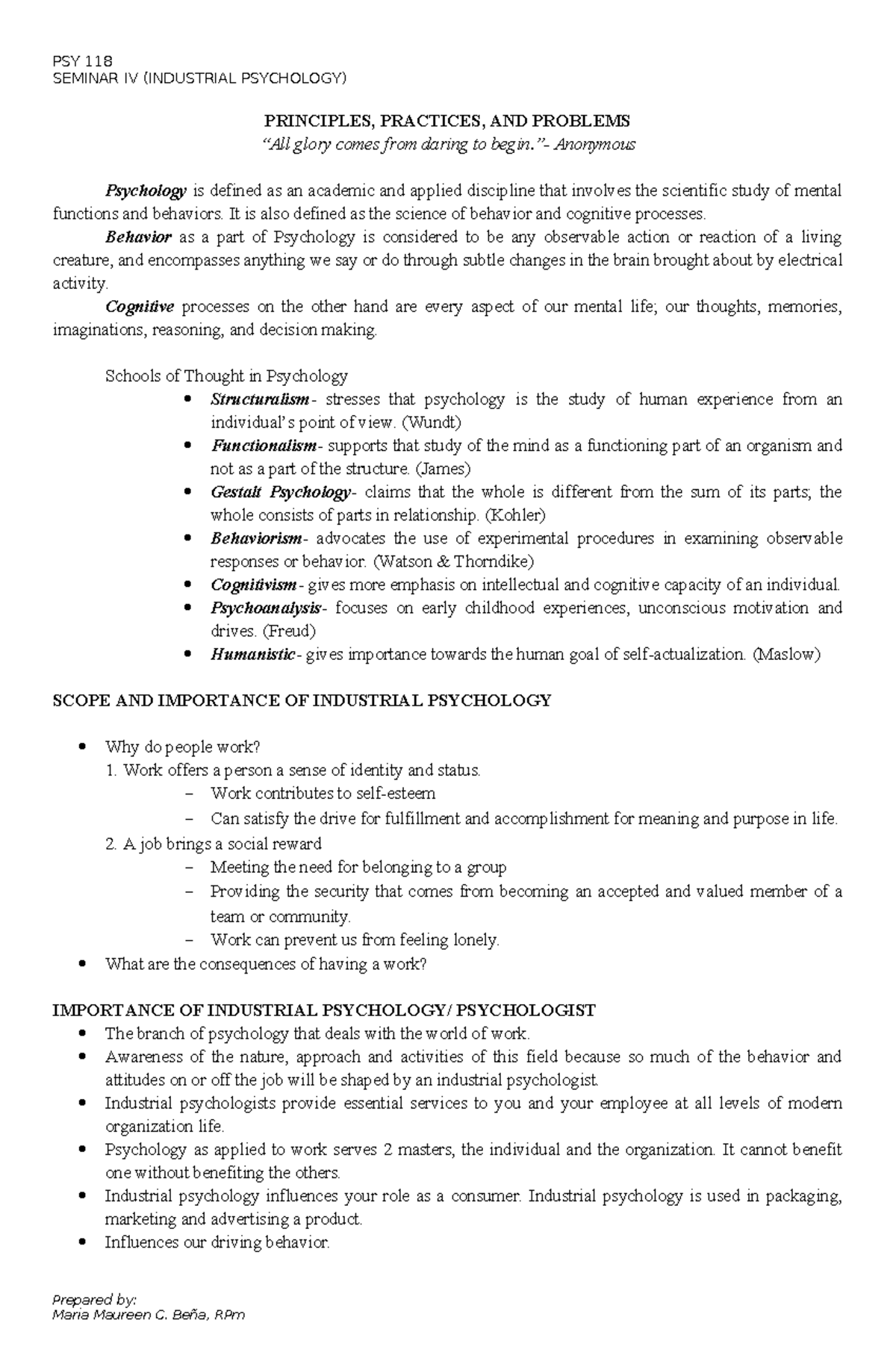 Industrial Psychology Introduction Seminar Iv Industrial Psychology