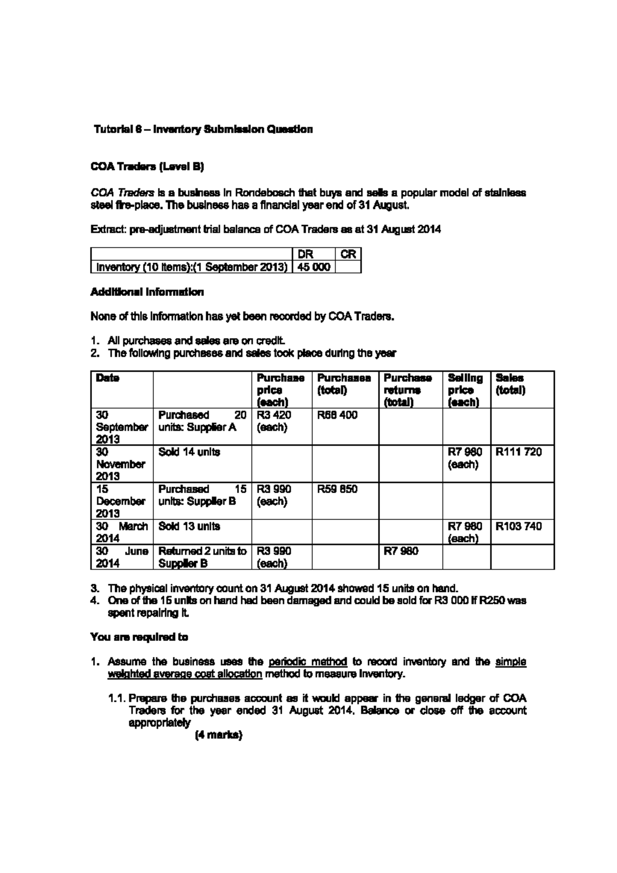 Tutorial 6 Inventory Submission for COA Traders (Level B) - Studocu