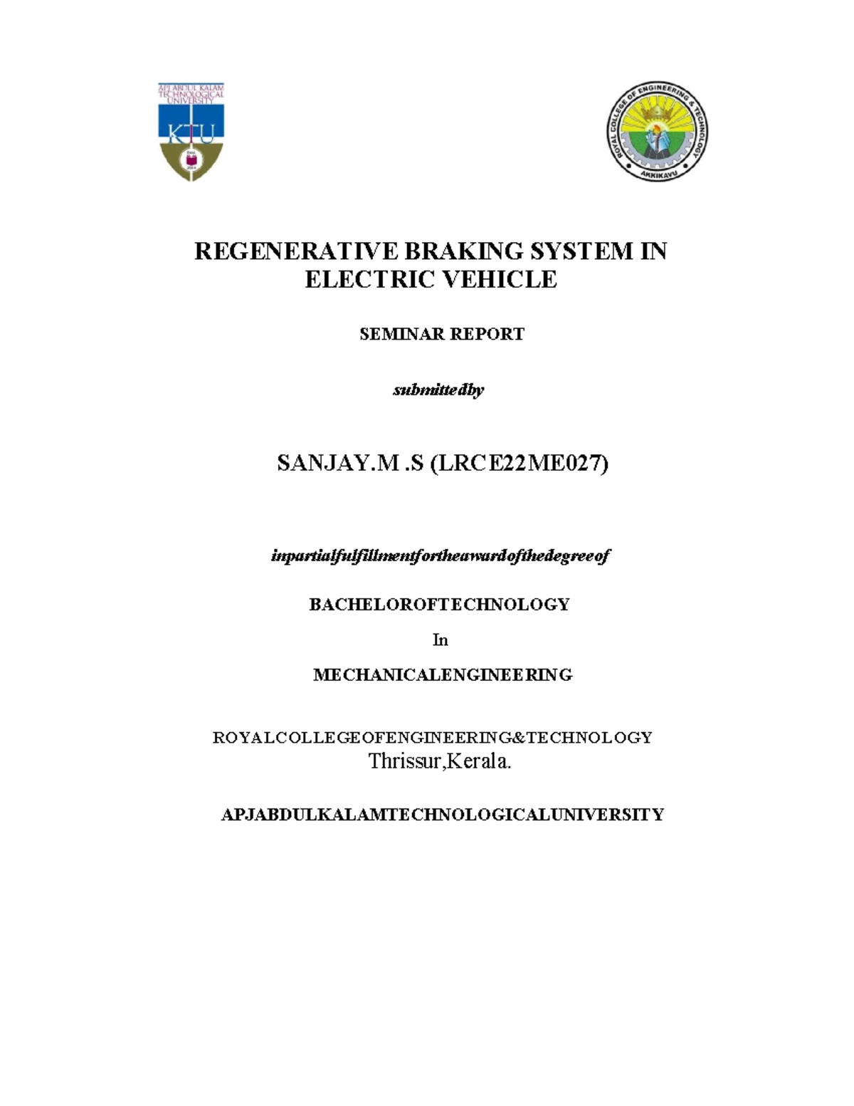 Regenerative Braking System in Electric Vehicles: Seminar Report ...