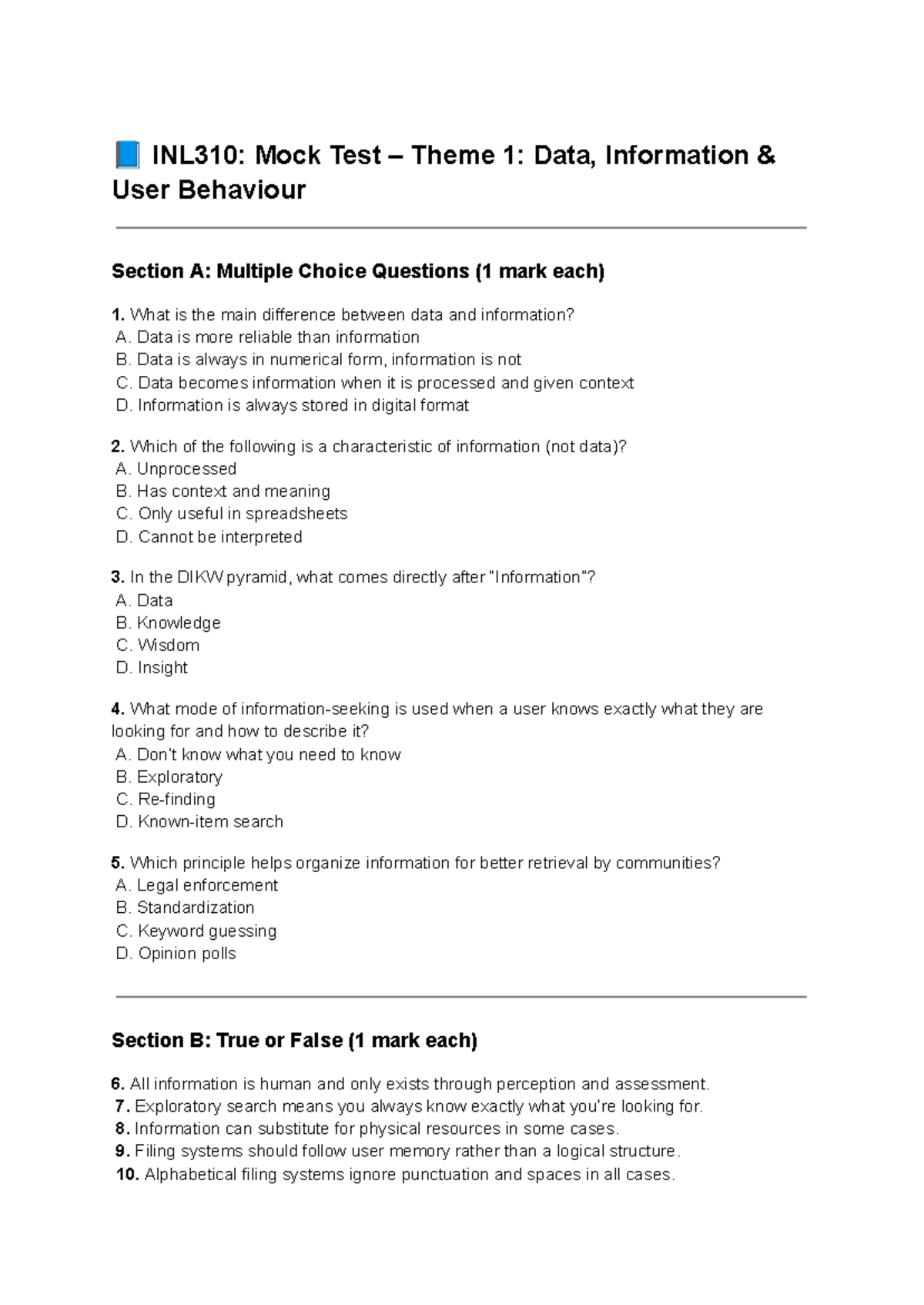 INL310: Mock Test on Data, Information & ECM Concepts - Studocu