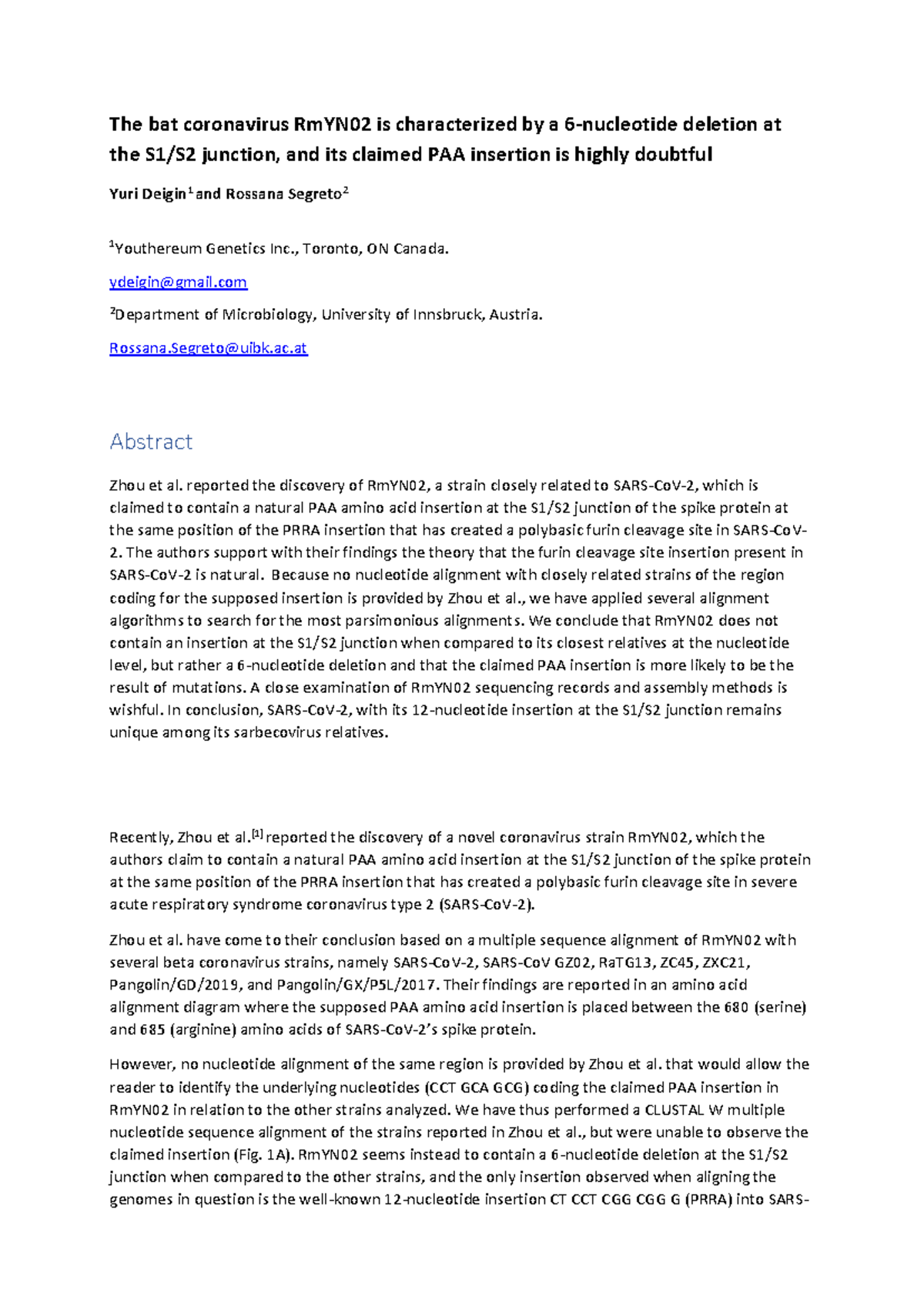 The bat coronavirus RmYN02: Analysis of Deletion at S1:S2 Junction ...
