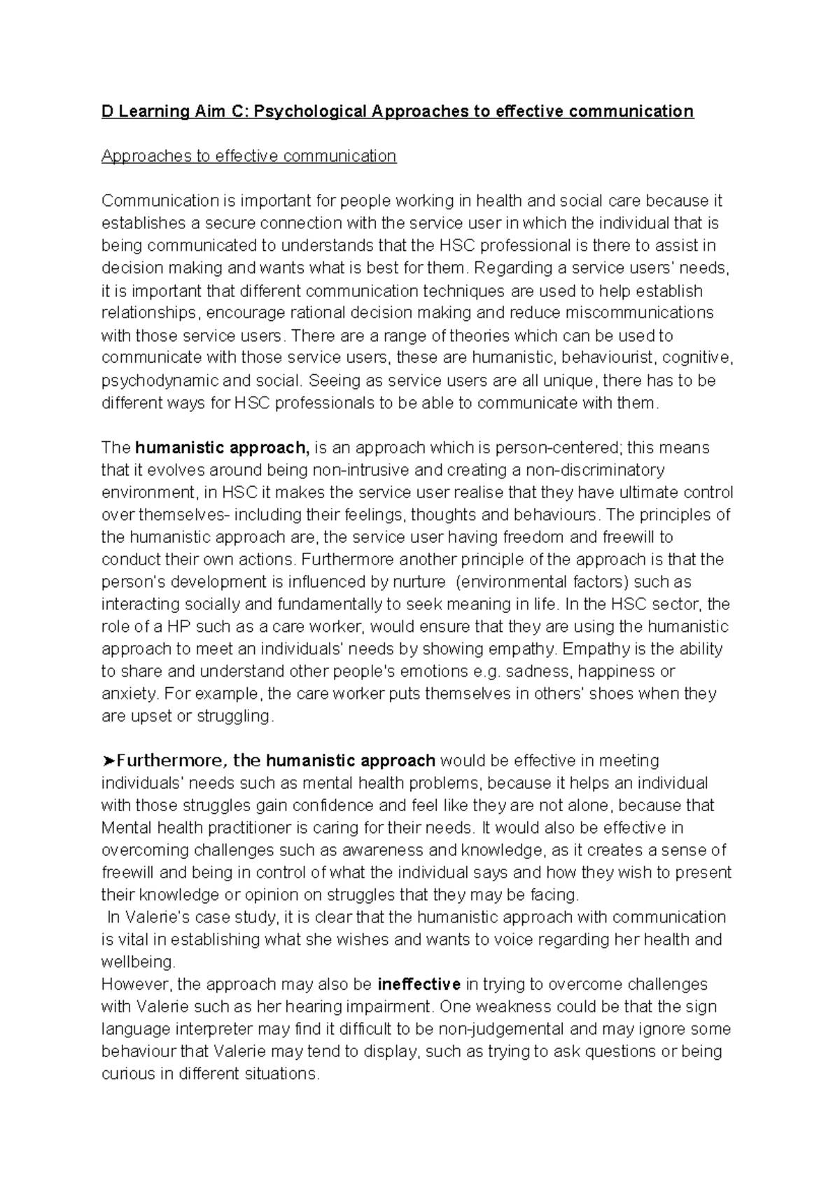 TASK2 Learning Aim C: Psychological Approaches to Effective ...