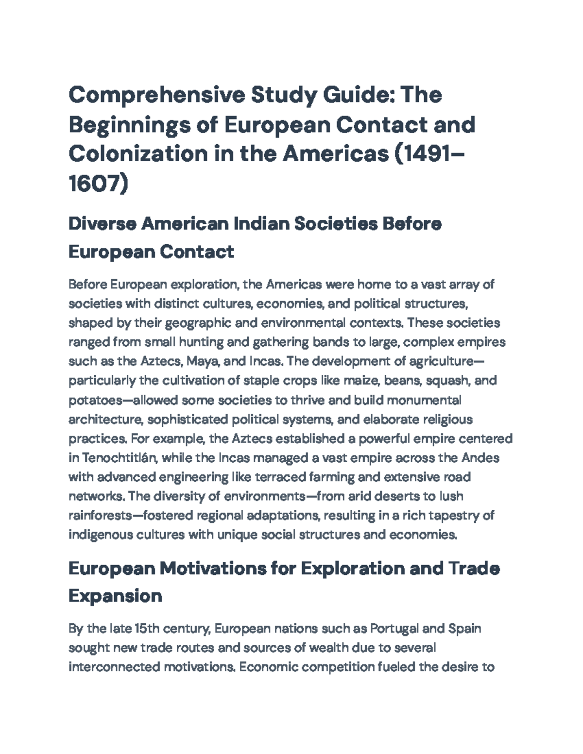 Comprehensive Study Guide: European Contact & Colonization (1491-1607 ...