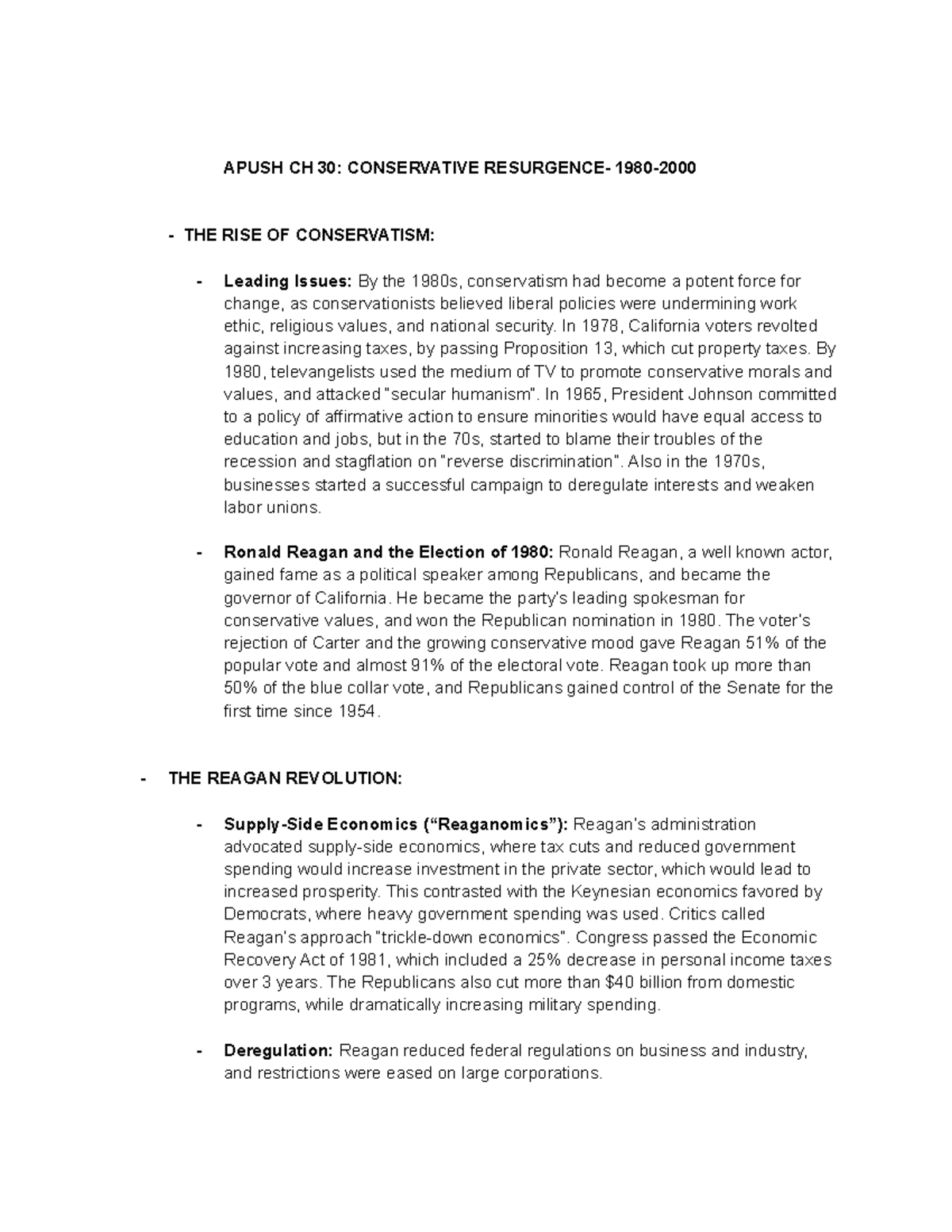 APUSH CH 30 Conservative Resurgence: Key Events & Impact 1980-2000 ...