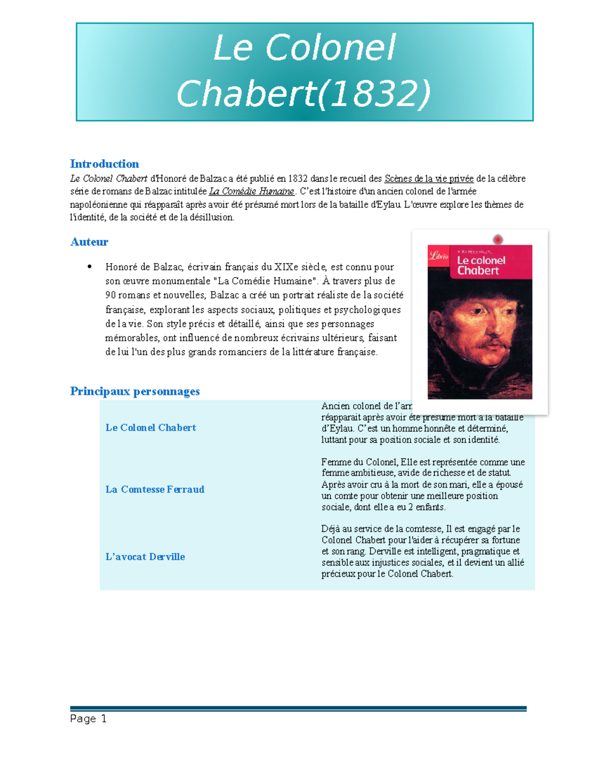 Fiche de Lecture : Le Colonel Chabert (1832) - Analyse et Thèmes - Studocu