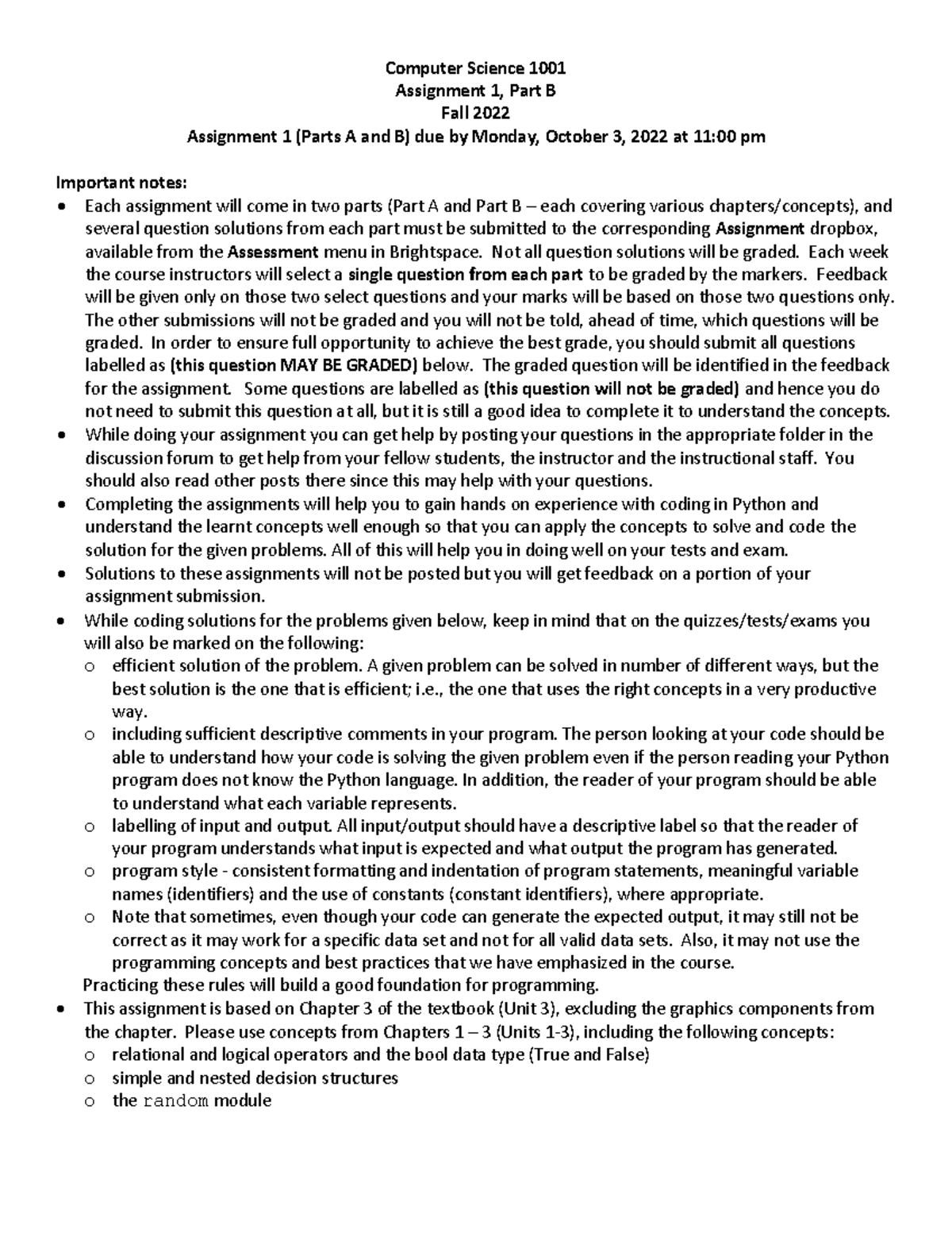 Computer Science 1001 Assignment 1B Guidelines and Python Tasks F2022 ...