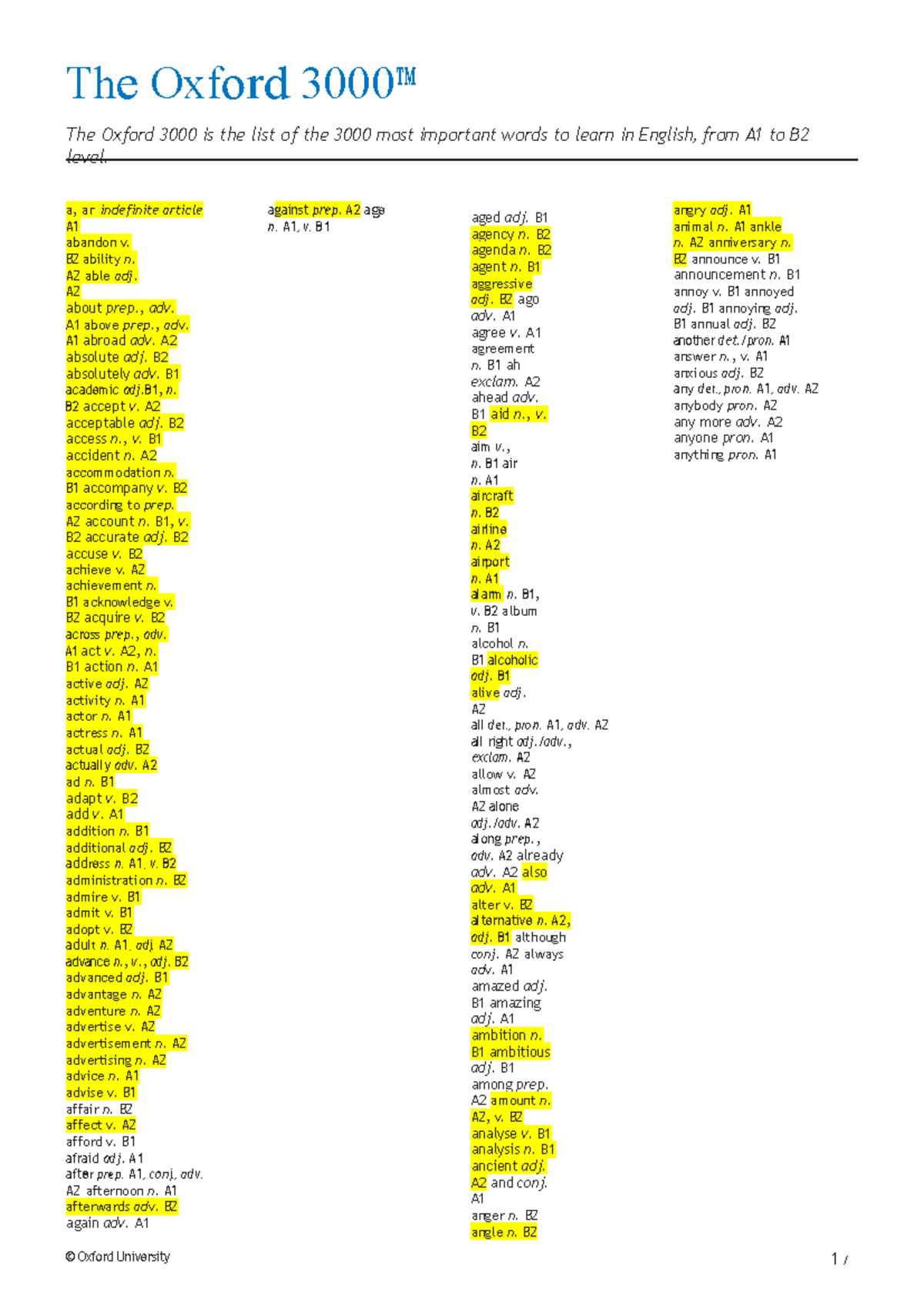 The Oxford 3000 Vocabulary List: Essential Words A1-B2 Levels - Studocu