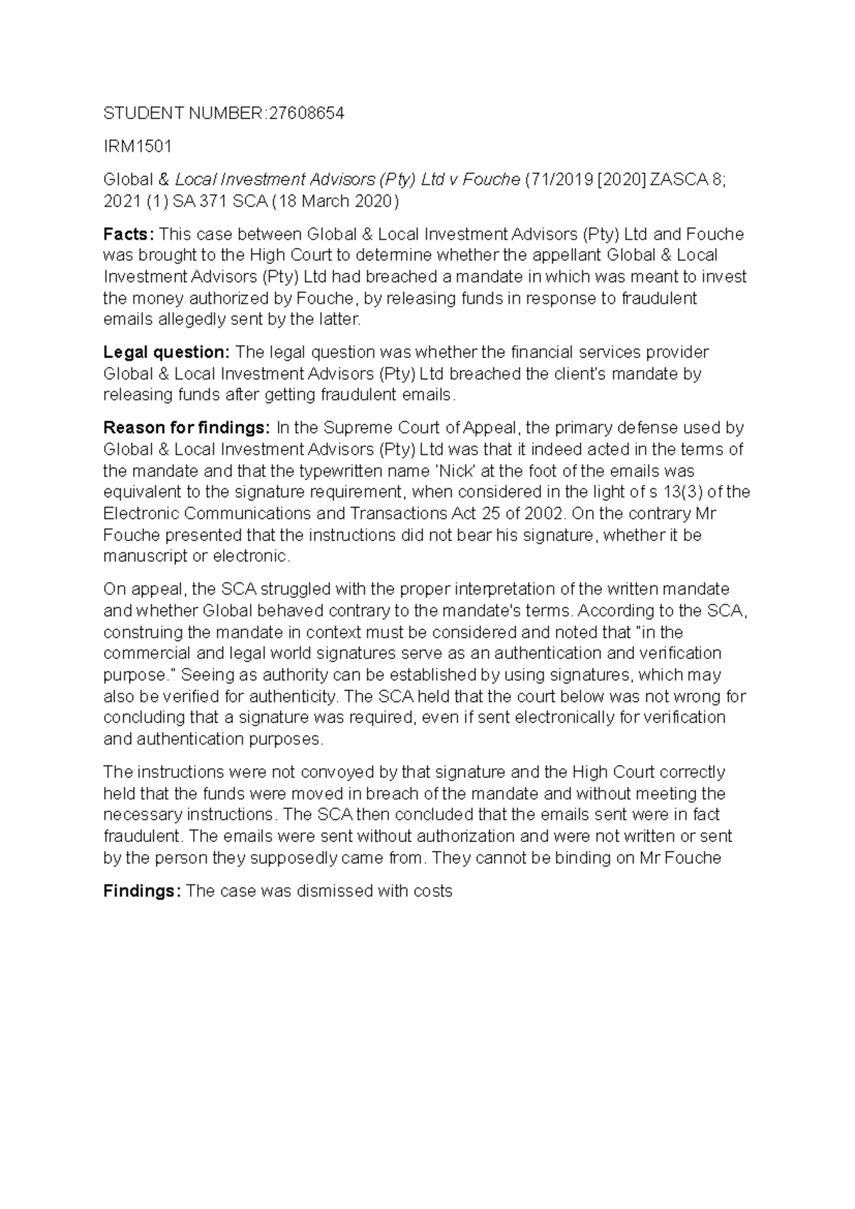 IRM1501 Case Study: Global Local Investment Advisors v Fouche Analysis ...
