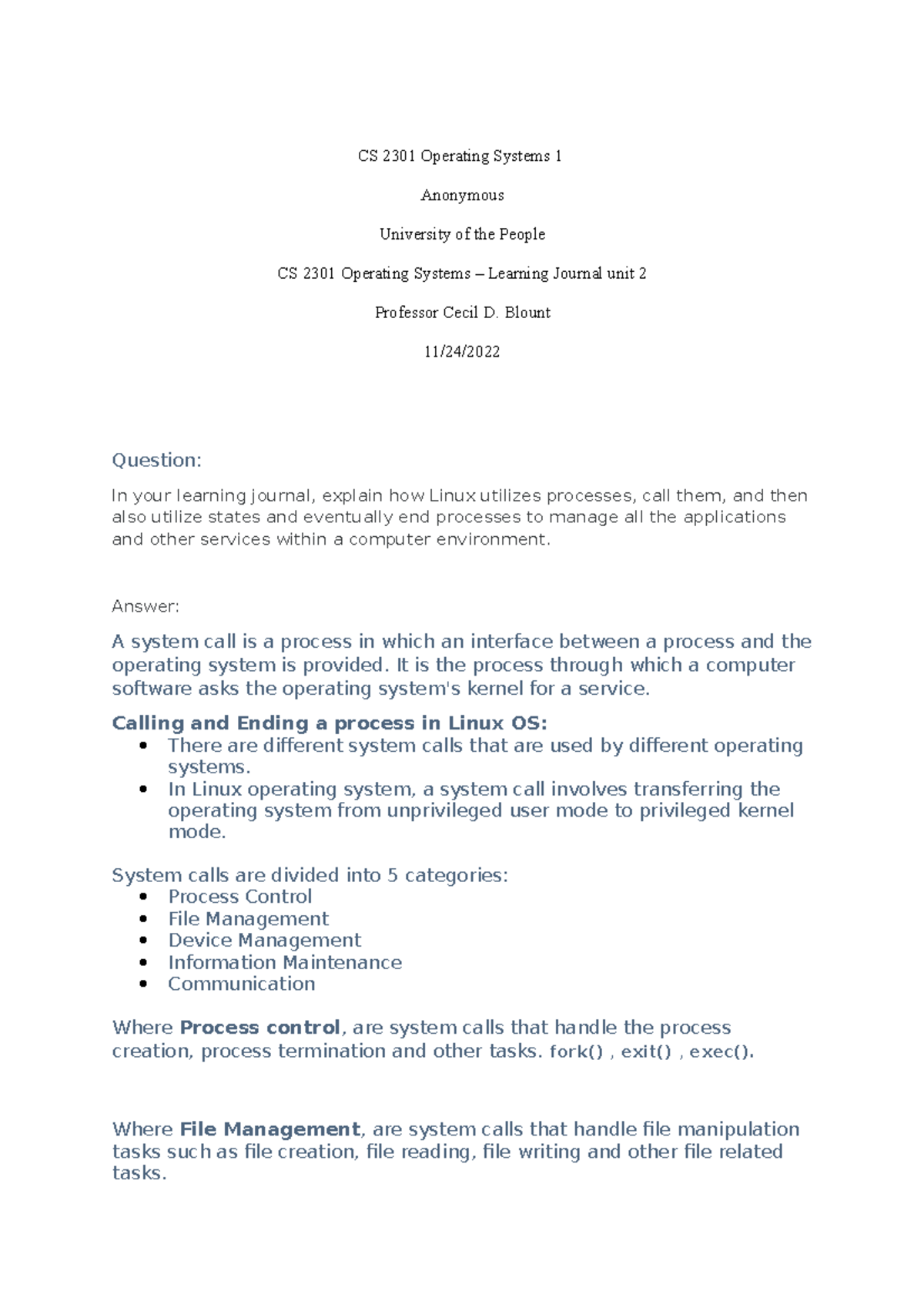 CS 2301 Learning Journal: Understanding Linux Process Management Unit 2 ...