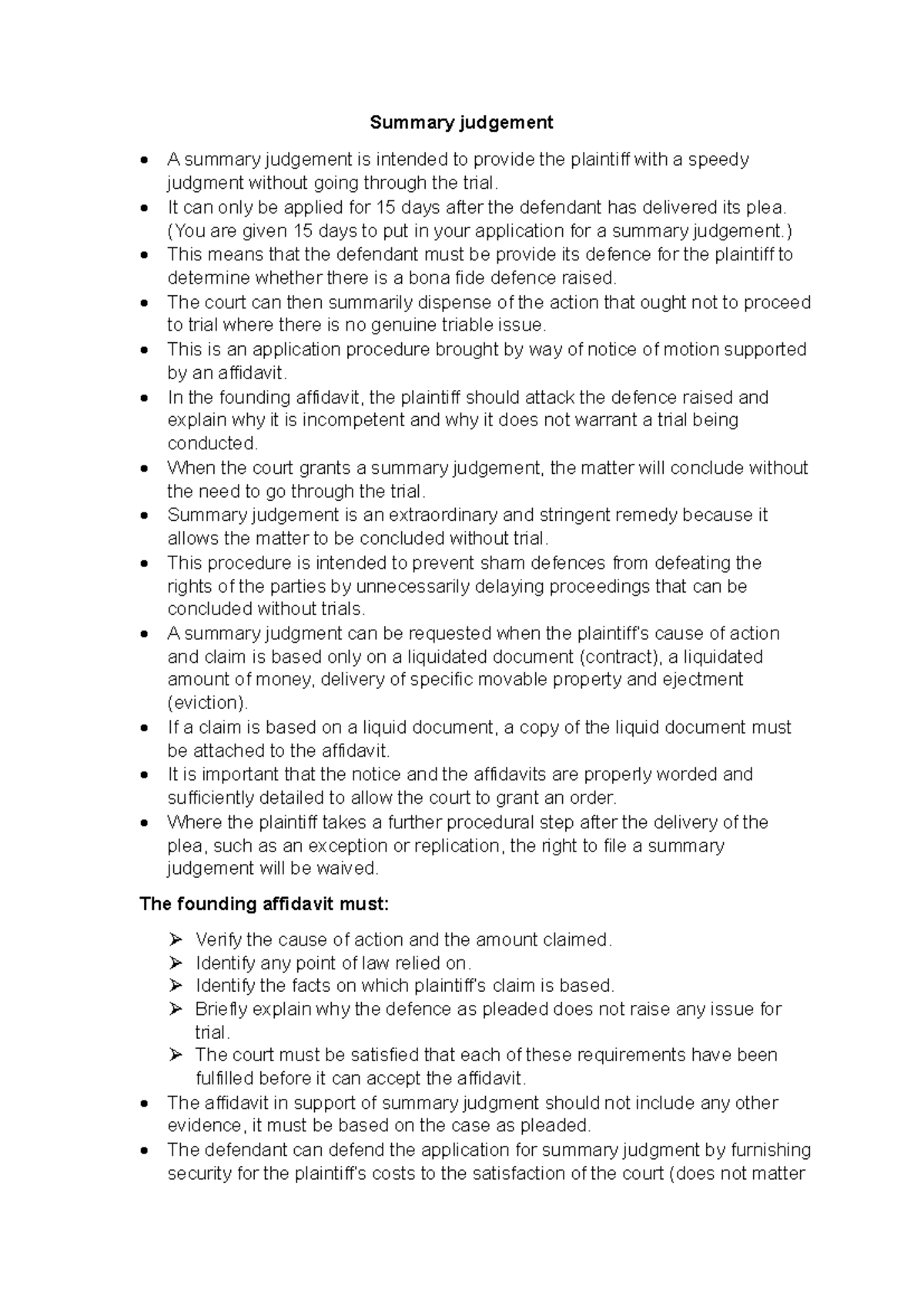 Civil Procedure Summary Judgement Overview - Semester 2 Notes - Studocu