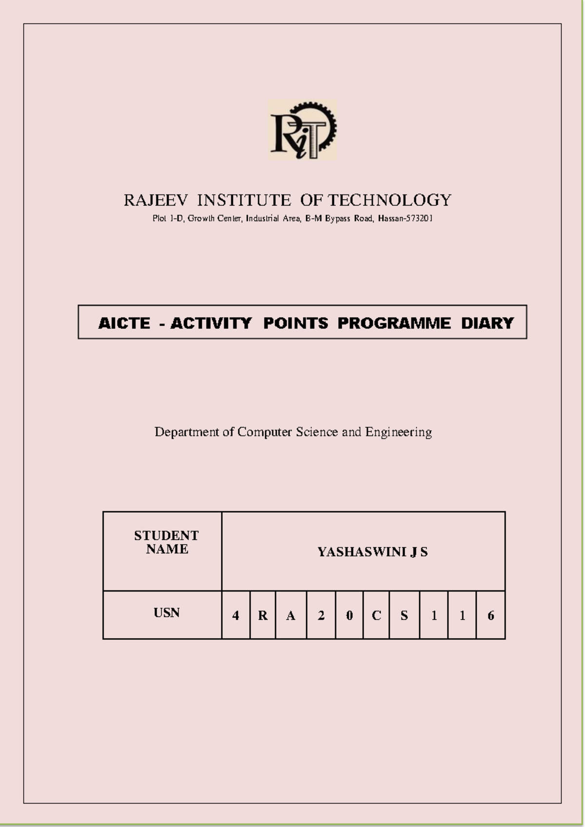 AICTE Activity Points Programme Report - Yashaswini J S - Studocu
