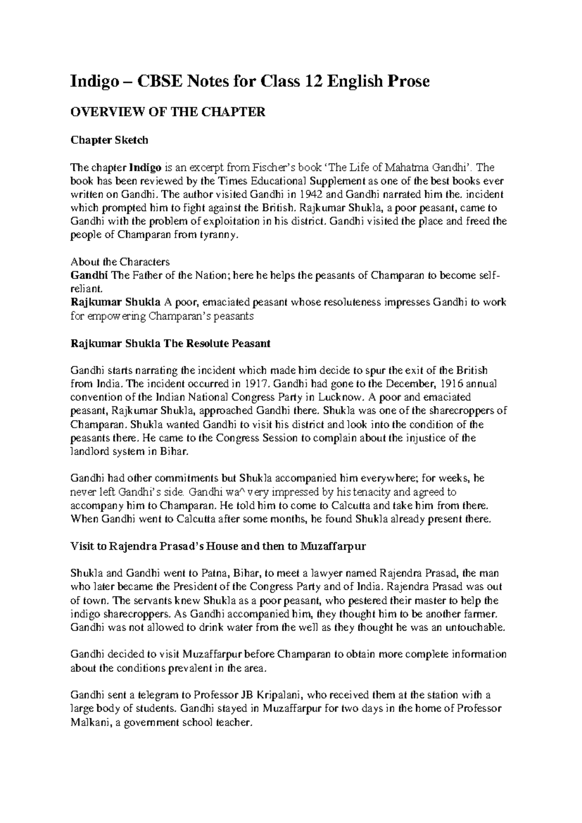 Indigo CBSE Class 12 English Prose Chapter Overview and Analysis - Studocu