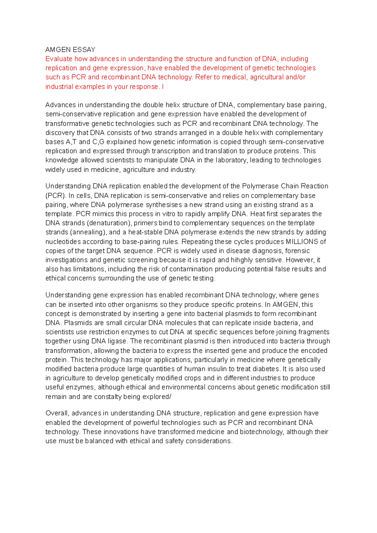 AMGEN ESSAY: Advances in DNA Structure & Genetic Tech Applications ...
