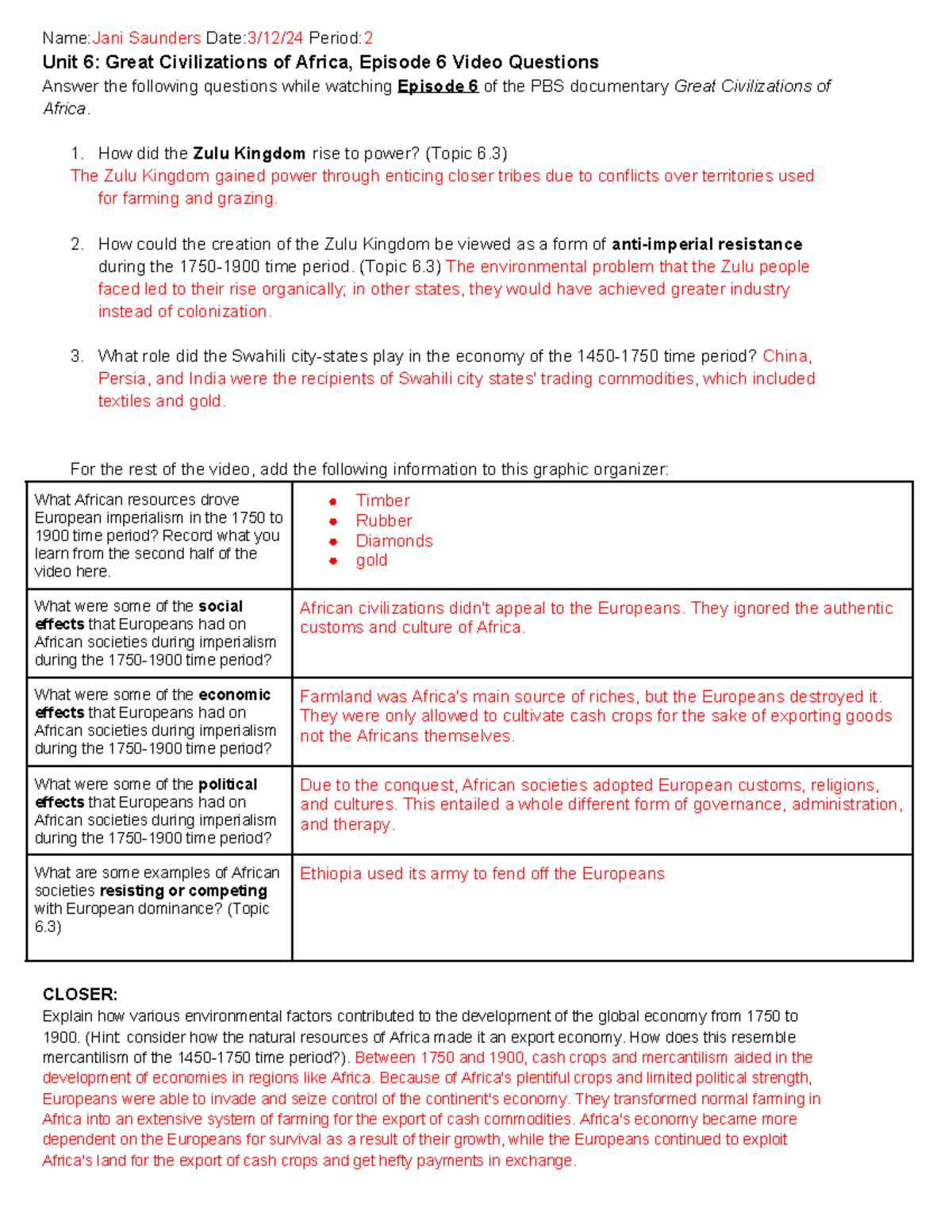 Unit 6: Great Civilizations of Africa - Episode 6 Viewing Guide - Studocu