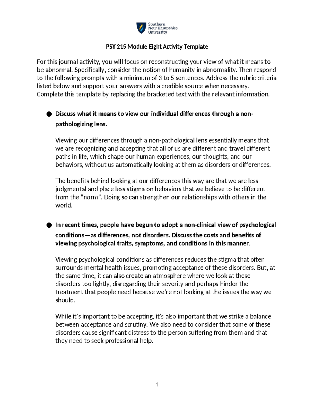 PSY 215 Journal Activity: Rethinking Abnormality Perspectives - Studocu