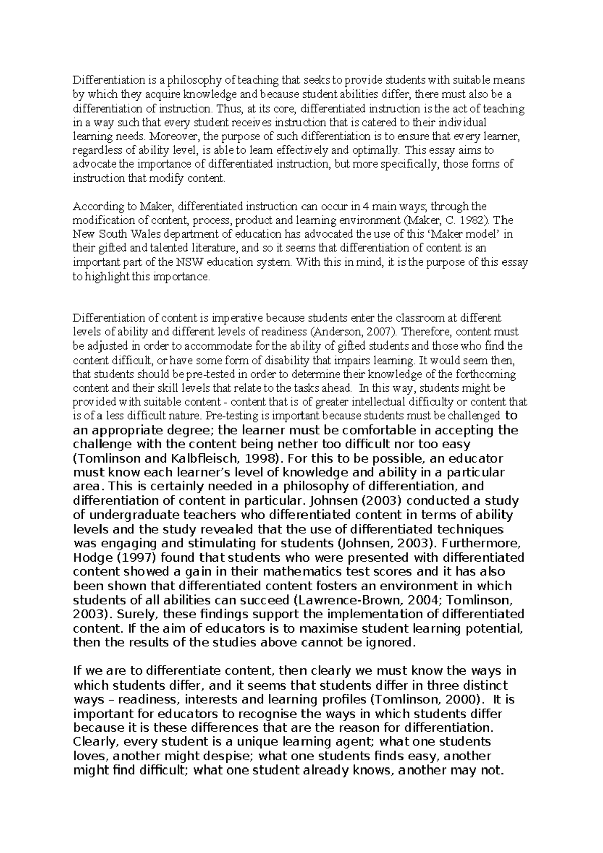 Differentiated Instruction: Importance of Content Modification in ...