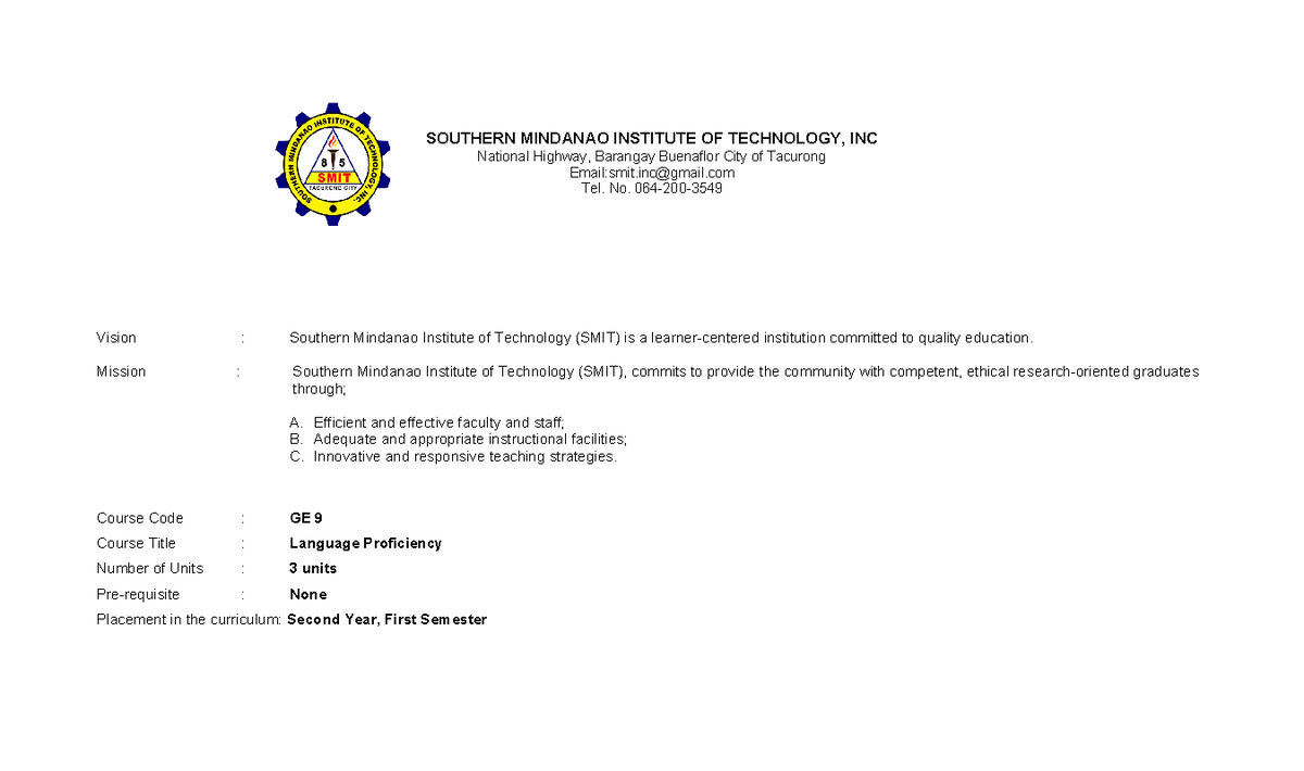 Language Profeciency Syllabus - SOUTHERN MINDANAO INSTITUTE OF ...