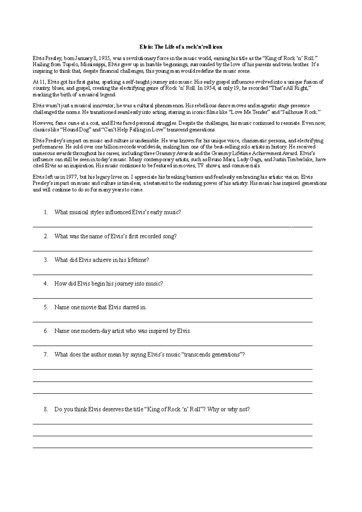 Biography Writing Exercise: Elvis Presley & Amelia Earhart - Studocu