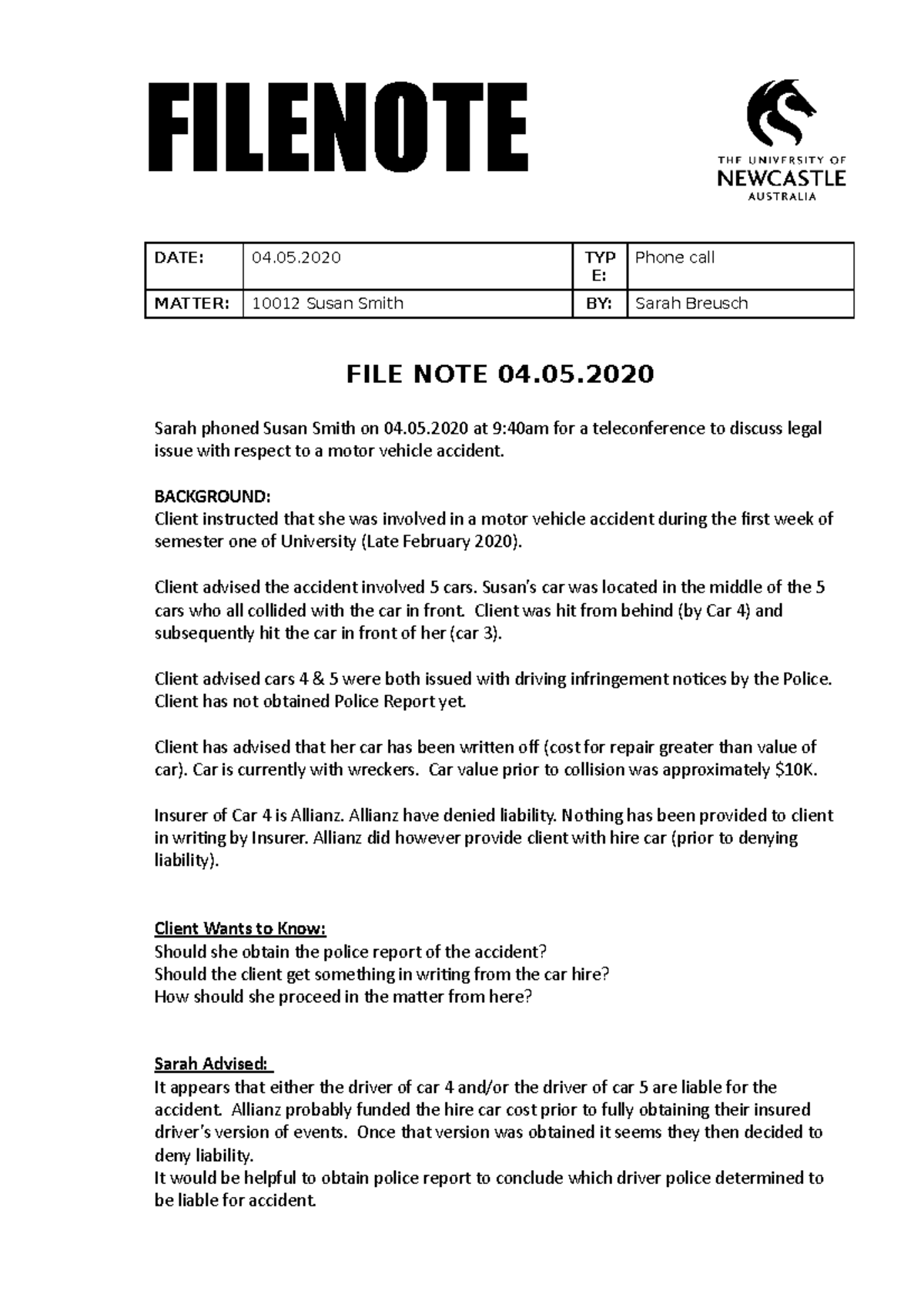 File Note Example 1: Teleconference with Susan Smith - Matter 10012 ...