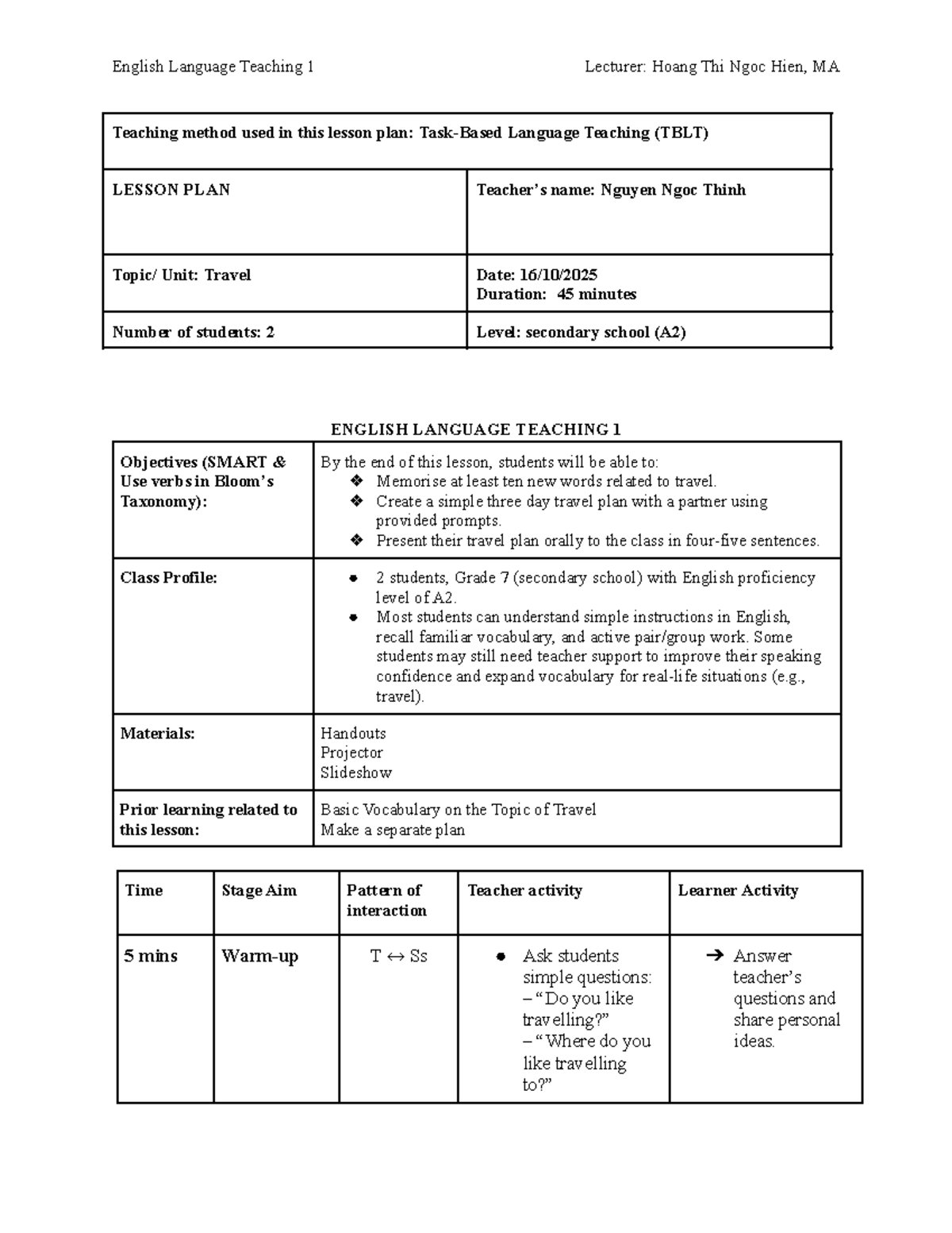 Lesson Plan: TBLT for Travel Unit (A2) - Hoang Thi Ngoc Hien - Studocu