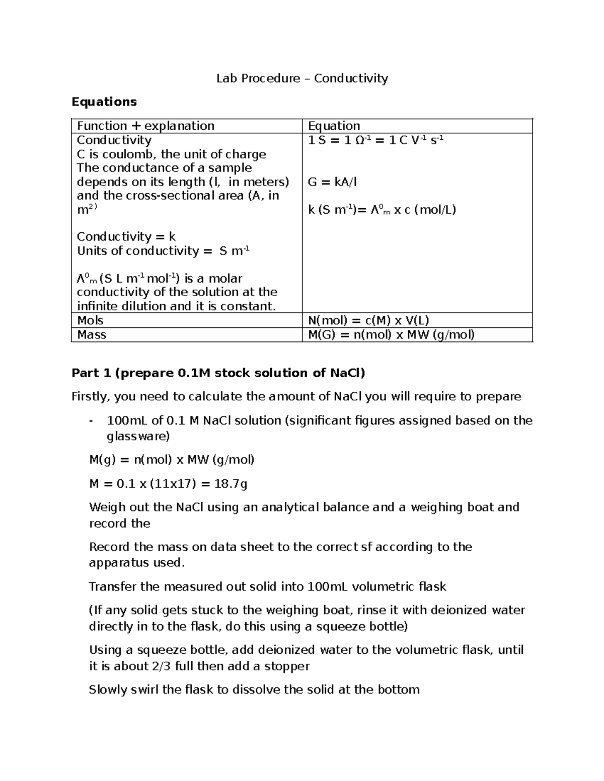 Lab Procedure 3: Conductivity Equations and NaCl Solution Preparation ...