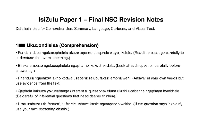 IsiZulu Paper 1 Final NSC Revision Notes: Comprehension, Summary ...