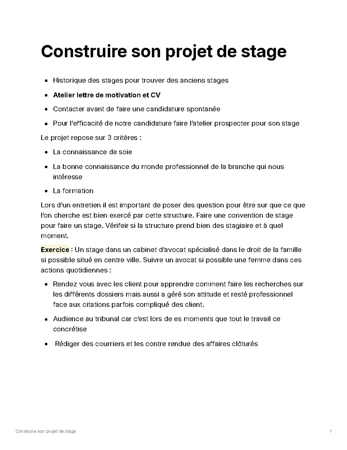 Projet de Stage : Construire son Projet et Préparer sa Candidature ...