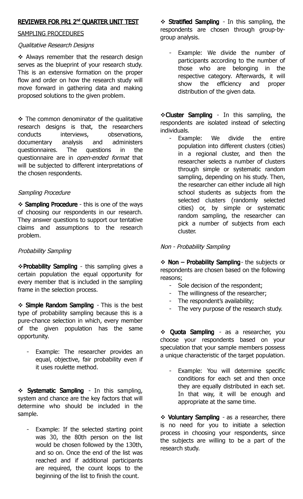 PR1 2nd Quarter Unit Test Reviewer: Sampling Procedures & Research ...