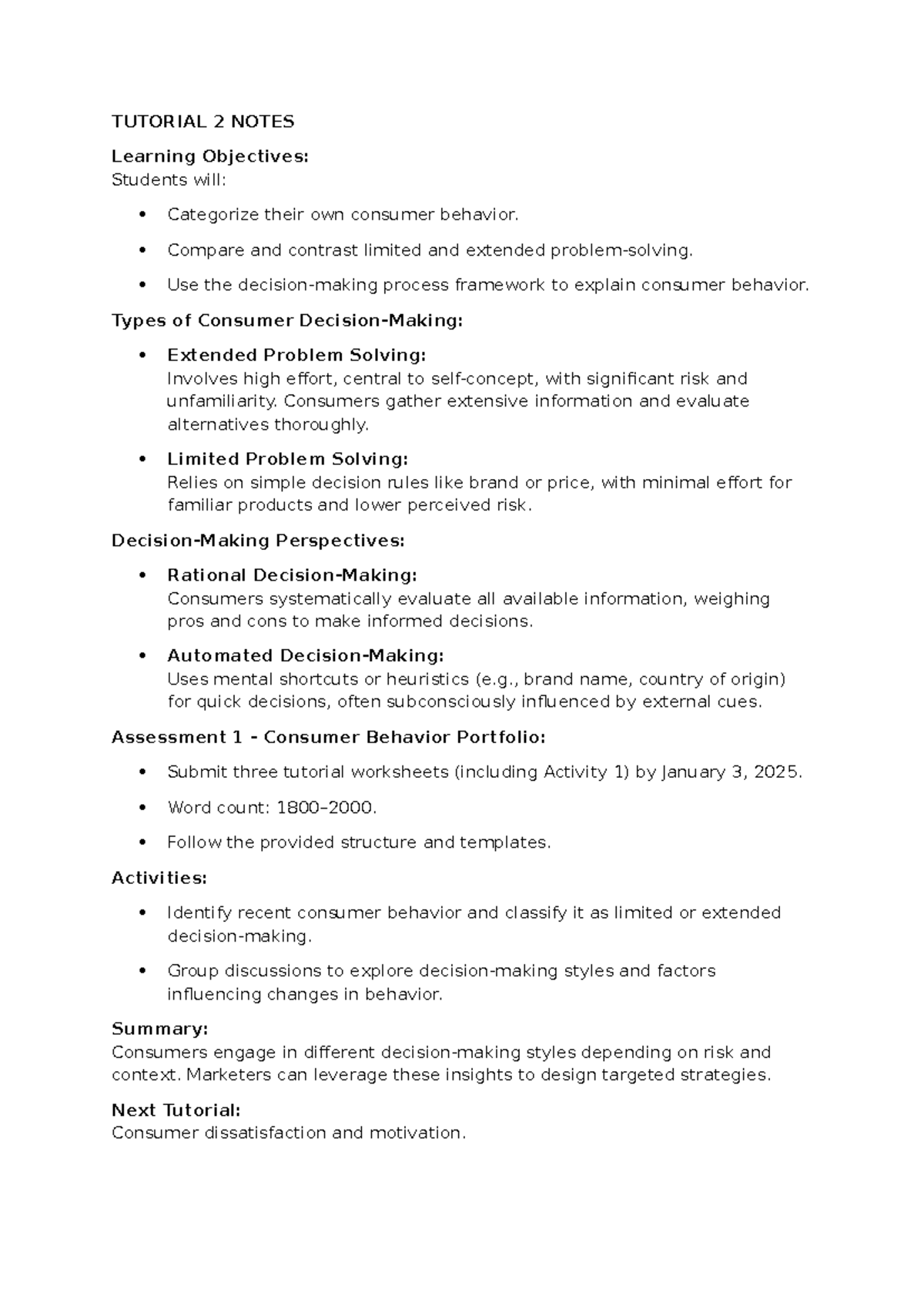 AMB200 Tutorial 2 notes - TUTORIAL 2 NOTES Learning Objectives ...