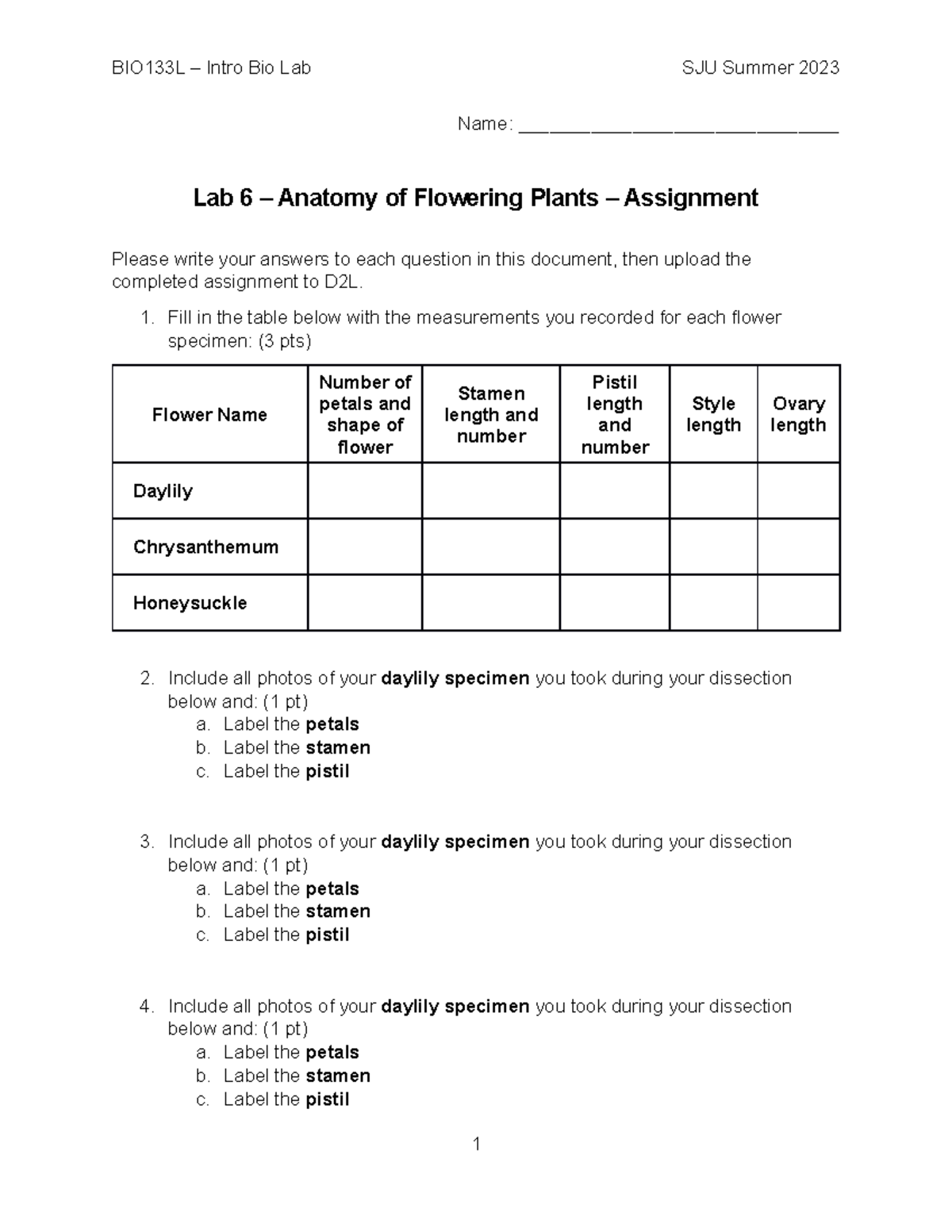 Lab 6 – Anatomy of Flowering Plants Assignment for BIO133L - Studocu