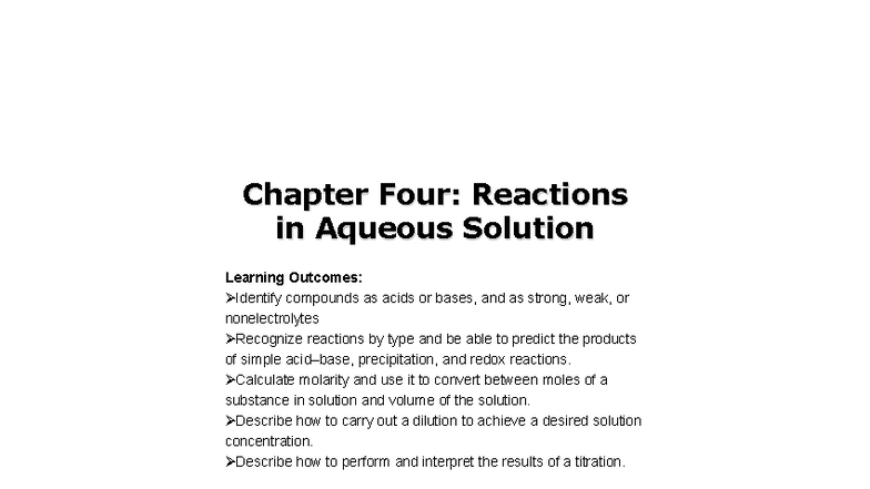 Chapter 4: Reactions in Aqueous Solutions (CHEM 101) - Key Concepts and ...
