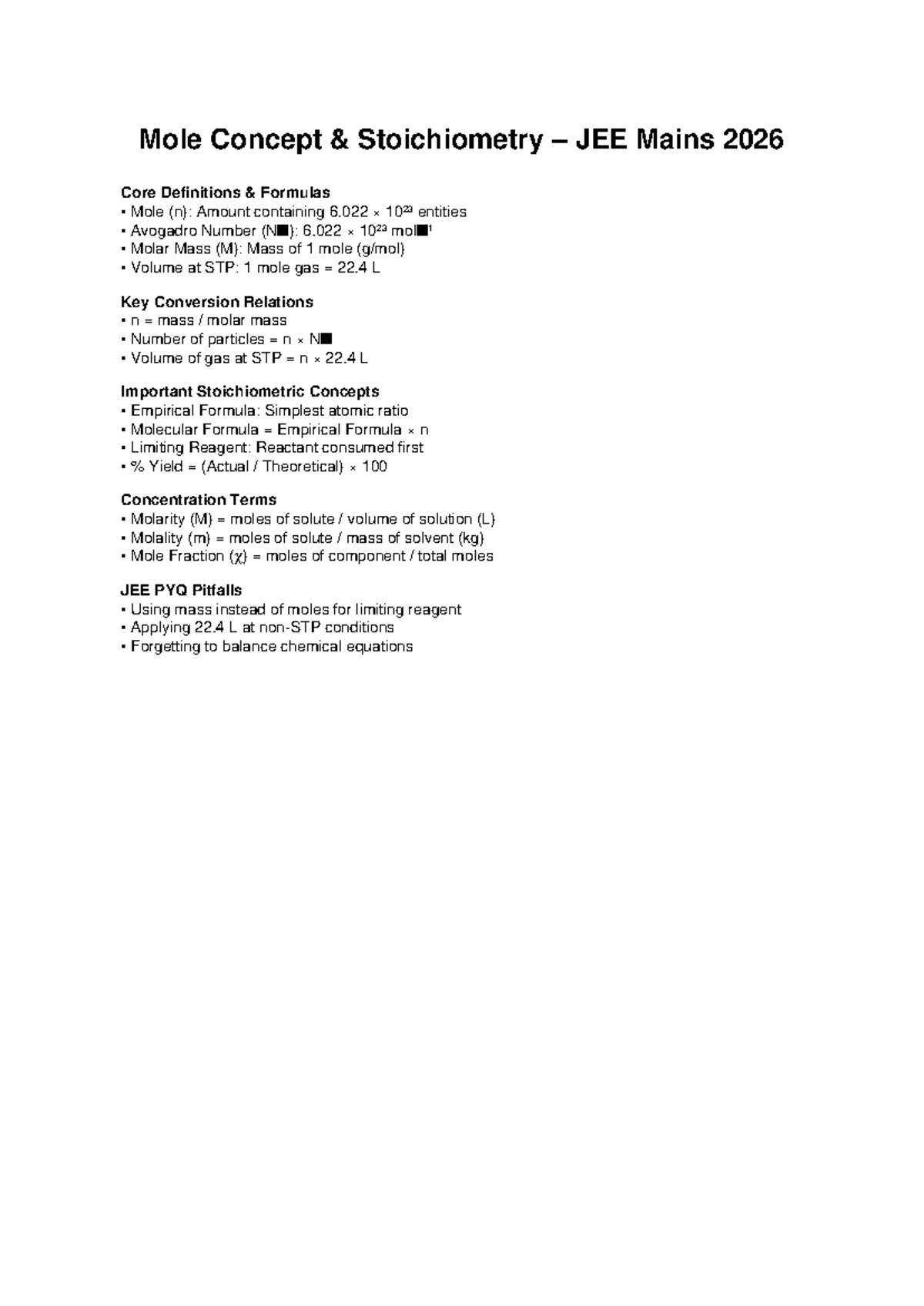Mole Concept & Stoichiometry: JEE Mains 2026 Key Definitions & Formulas ...