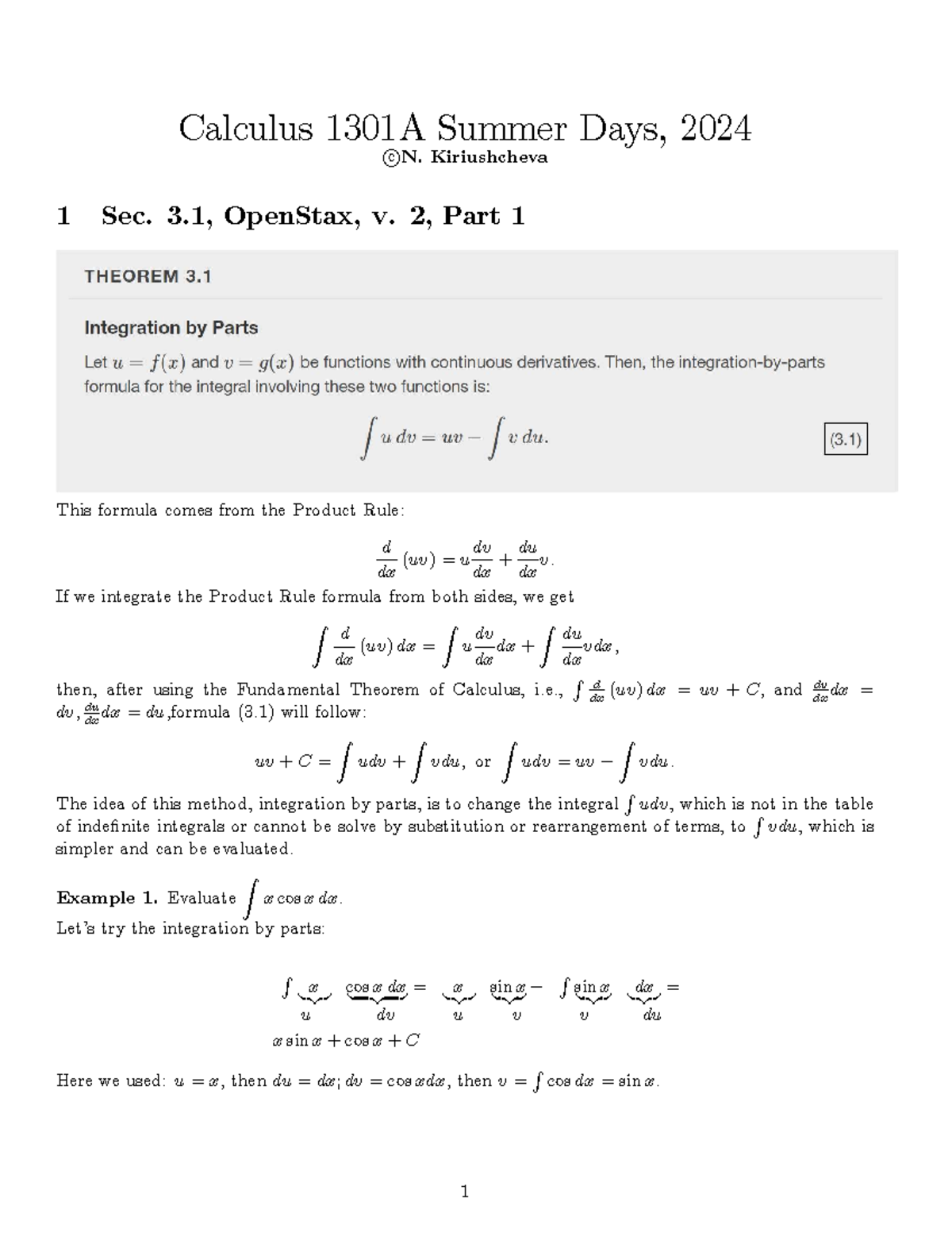 Calculus 1301A Summer 2024: Sec. 3.1 Integration by Parts Solutions ...