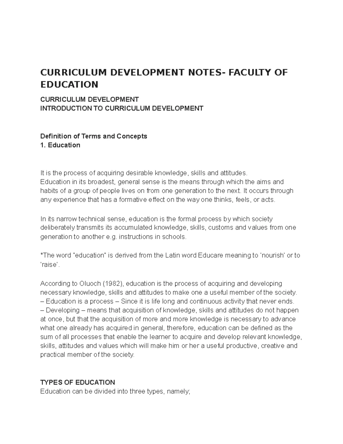 Curriculum - Notes - CURRICULUM DEVELOPMENT NOTES- FACULTY OF EDUCATION ...