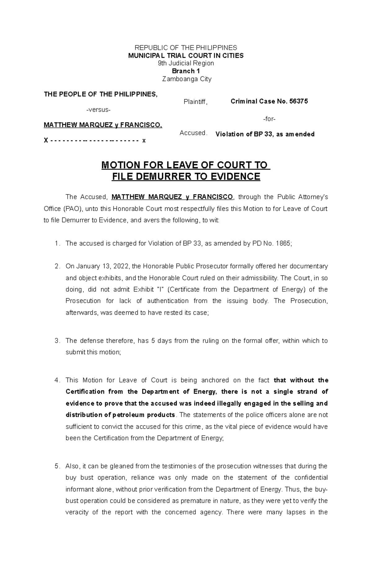 Motion for leave of court to file demurrer matthe marquezdemurrer ...