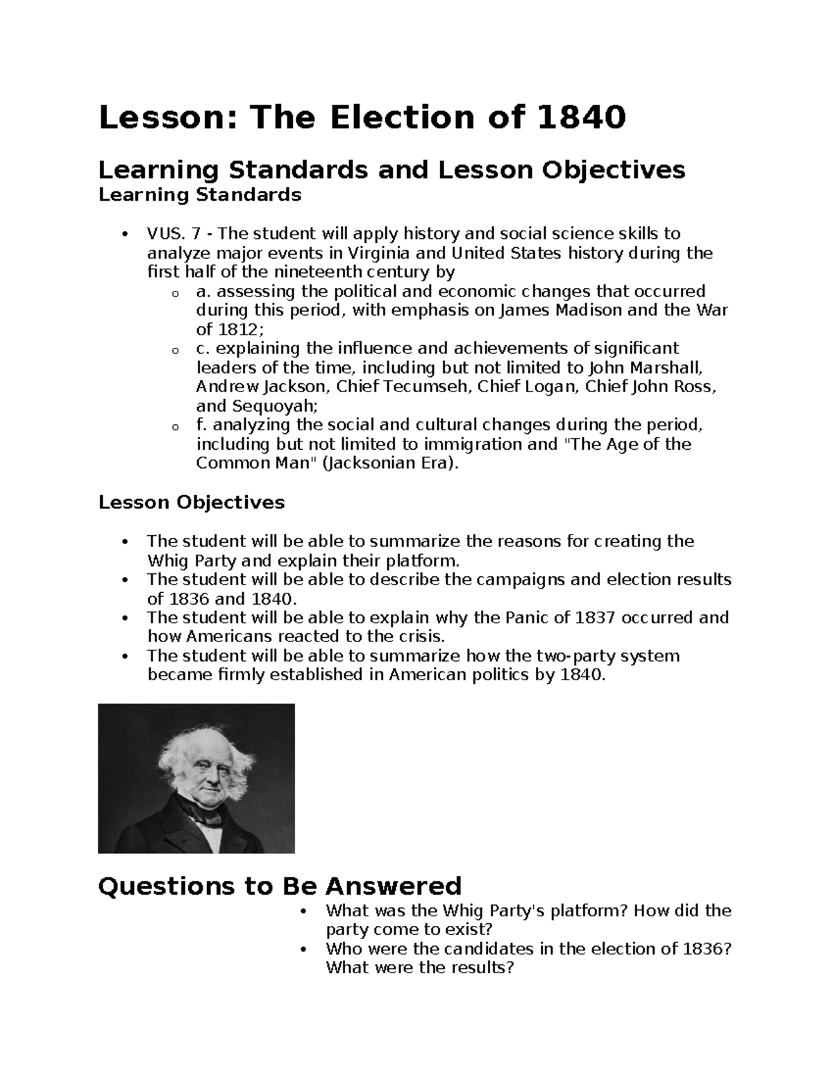 Lesson: The Rise of the Whig Party and the Election of 1840 (VUS. 7 ...