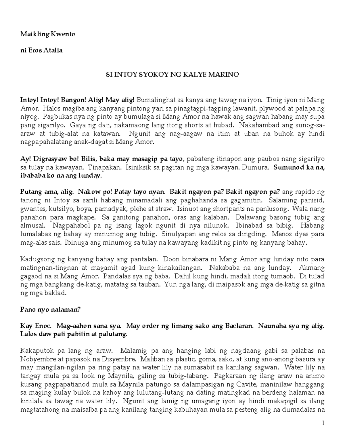 Si Intoy Syokoy ng Kalye Marino - Maikling Kwento ni Eros Atalia SI INTOY SYOKOY NG KALYE MARINO ...