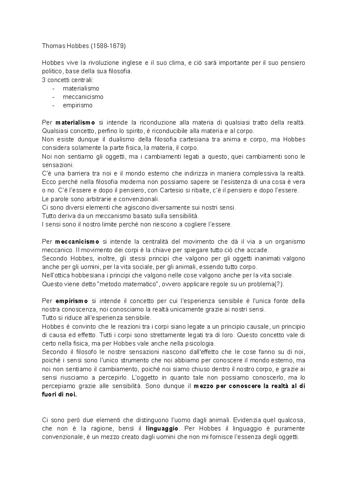 Riassunto su Thomas Hobbes: Materialismo, Meccanicismo ed Empirismo ...