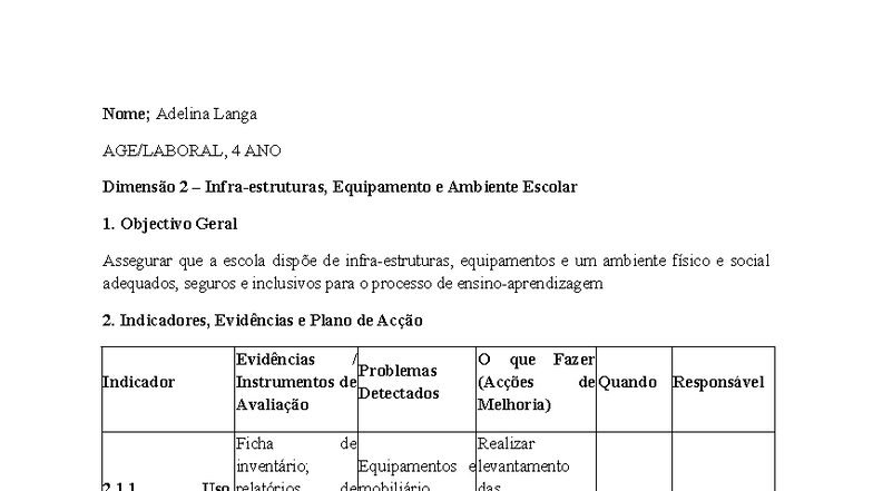Adelina Langa 4 ANO - Equipamento e Ambiente Escolar: Plano de Ação ...