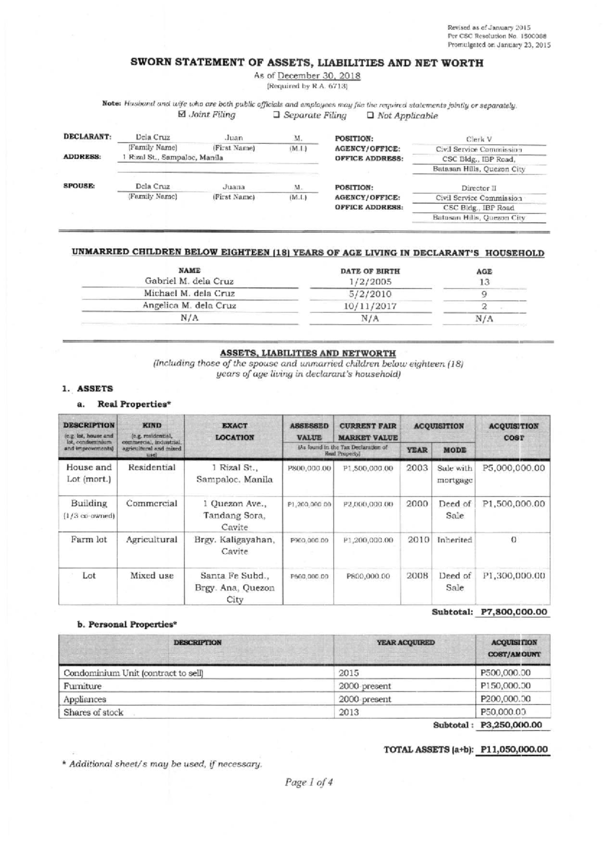 Sample SALN Form 2019: Sworn Statement of Assets, Liabilities & Net ...