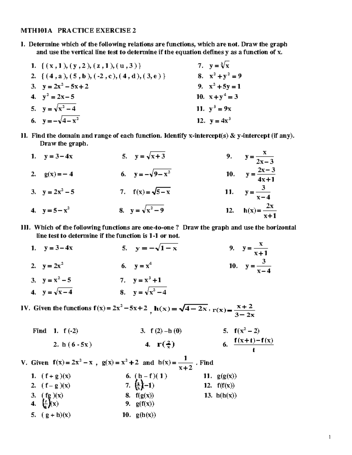 Practice-SET-2 - Problem sets for practice - 1 MTH101A PRACTICE EXERCISE 2 I. Determine which of ...