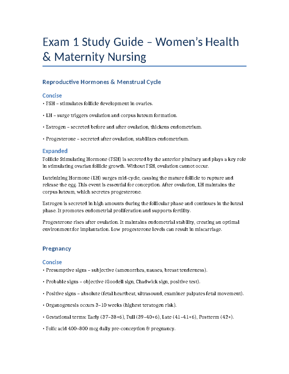 Exam 1 Study Guide: Health Maternity Nursing & Reproductive Hormones ...