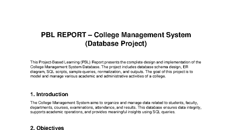 PBL Report: College Management System Database Design & Implementation - Studocu
